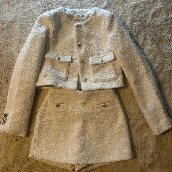 Amisu | Jackets & Coats | Elegant Cream Tweed Jacket And Skirt Set ...